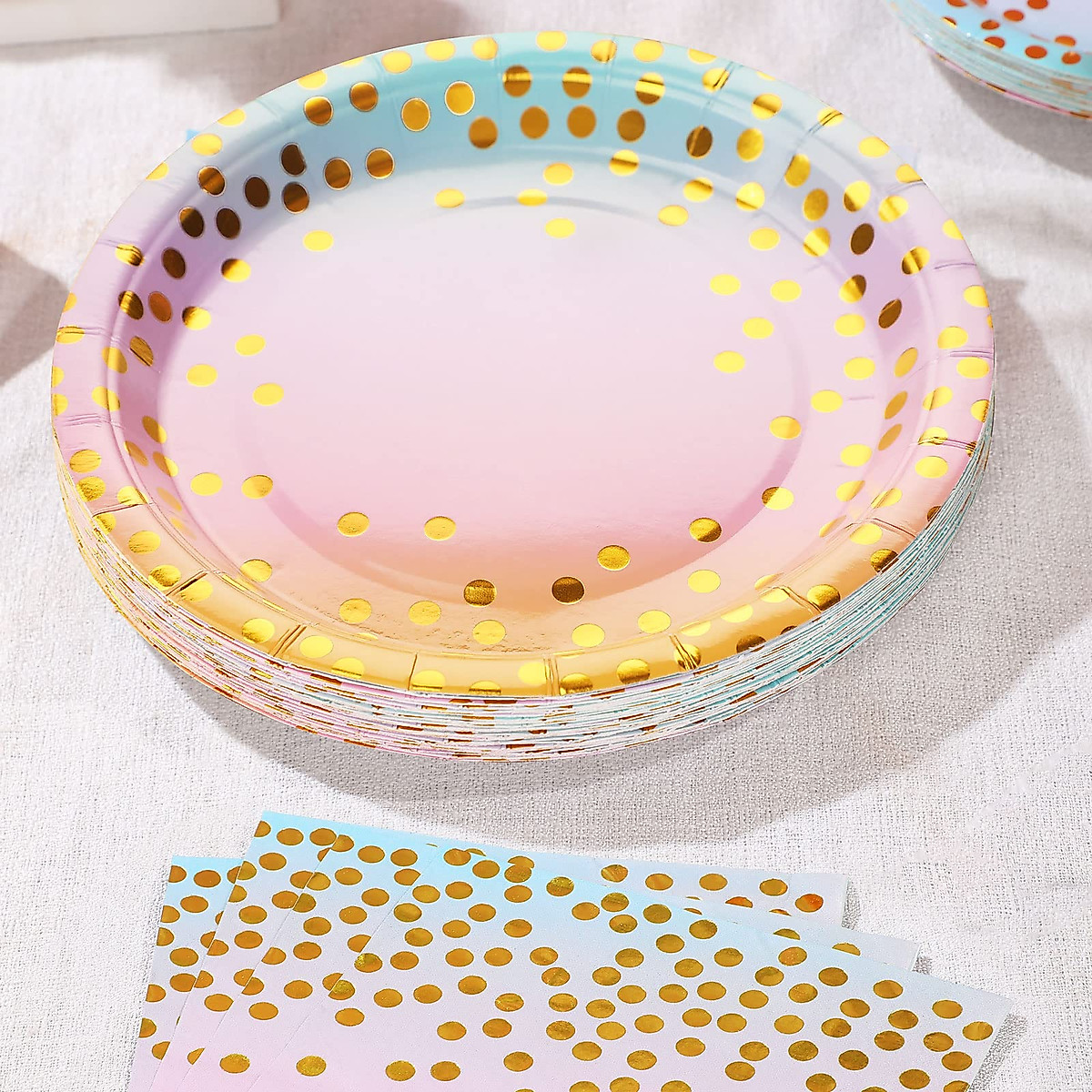 Boocikey 150PCS Pastel Rainbow Plates and Napkins Party Supplies Golden Dot Pastel Paper Plates Disposable for 50 Guests Pastel Rainbow Party Decorations for Pastel Party Decorations