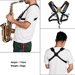 Rayzm Saxophone Strap, Universal Double Shoulder Leather Strap for Sax, Adjustable Padded Harness Strap for Alto Tenor Soprano Baritone Saxophone (Large Size)