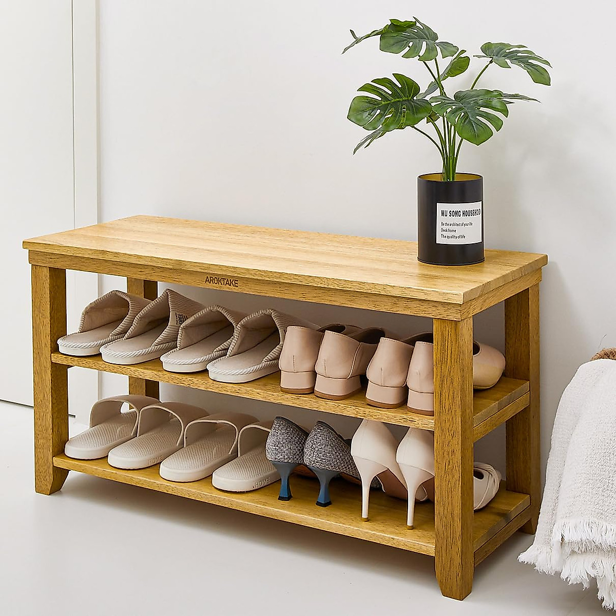 Aroktake Shoe Rack Bench, 2-Tier Wood Heavy Duty Shoe Organizer Shelf for Entryway, Living Room,Bedroom (Natural, 11.81"X31.5"X16.54")