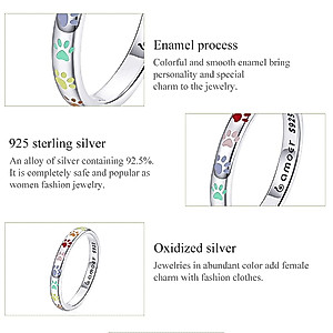 BISAER S925 Sterling Silver Puppy Dog Cat Paw Ring, Multicolor Pet Print Enamel Ring for Women 3-3.4mm
