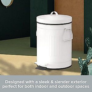 Retro Trash Can with Lid - 8L/2.1Gal Step Trash Can w/ Soft Closing Lid - Round Garbage Can w/ Handles - Touchless Trash Can w/ Removable Garbage Guard Bucket - Outdoor Garbage Can - Large Trash Bin, White
