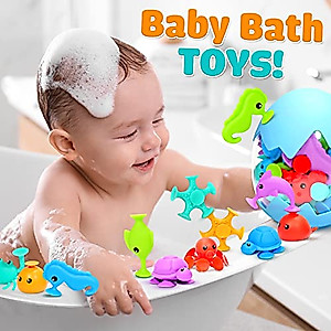Suction Bath Toys for Kids - Fine Motor Window Toys, Silicone Ocean Animal Suction Cup Toys with Dinosaur Eggshell, Sensory Travel Toys for Toddlers, Great for Autism/ADD/ADHD.