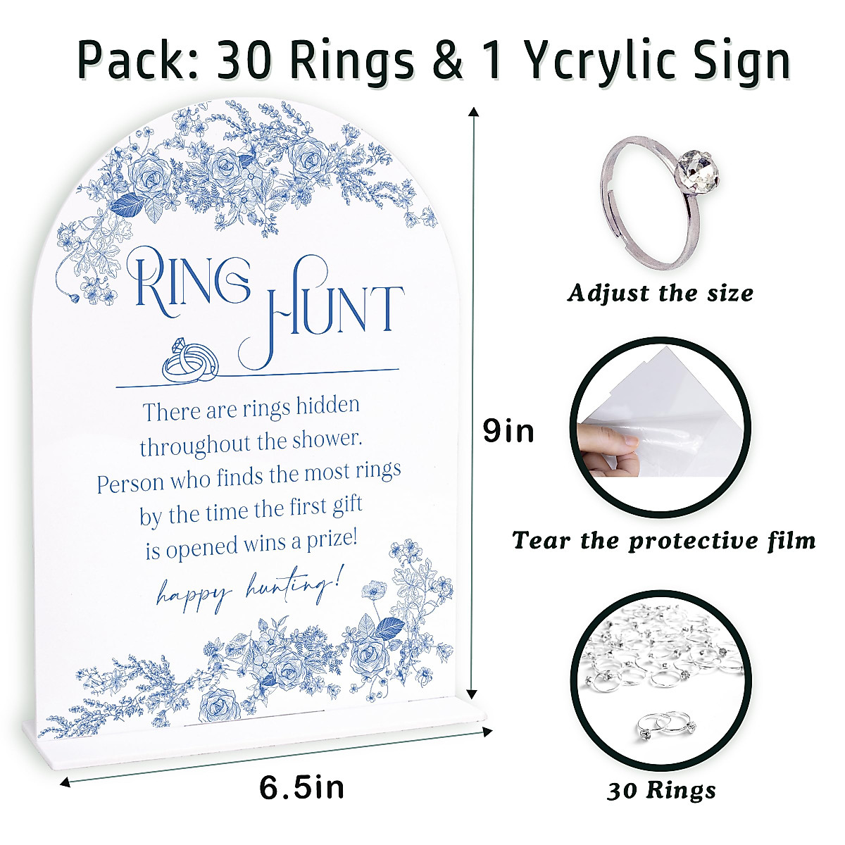Blue Flower Bridal Shower Party Ring Scavenger Hunt, The Ring Hunt Game, 1 Sign & 30 Rings, Bridal Shower Decoration, Wedding Party Games(xzjz03)