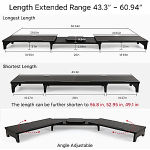 Nnewvante Monitor Stand Riser, 60 inch Large Bamboo Dual Monitor Stand for Desk, 3 Shelves Desktop Screen Riser with Adjustable Length Angle for Computer Laptop PC,Black