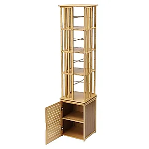 SHOUMANUAL Bamboo Rotating Bookshelf, 6-Tier Bookcase with Storage Cabinet & Doors, 360° Revolving Narrow Storage Display Rack Standing Shelves for Living Room Study Room Office, Natural