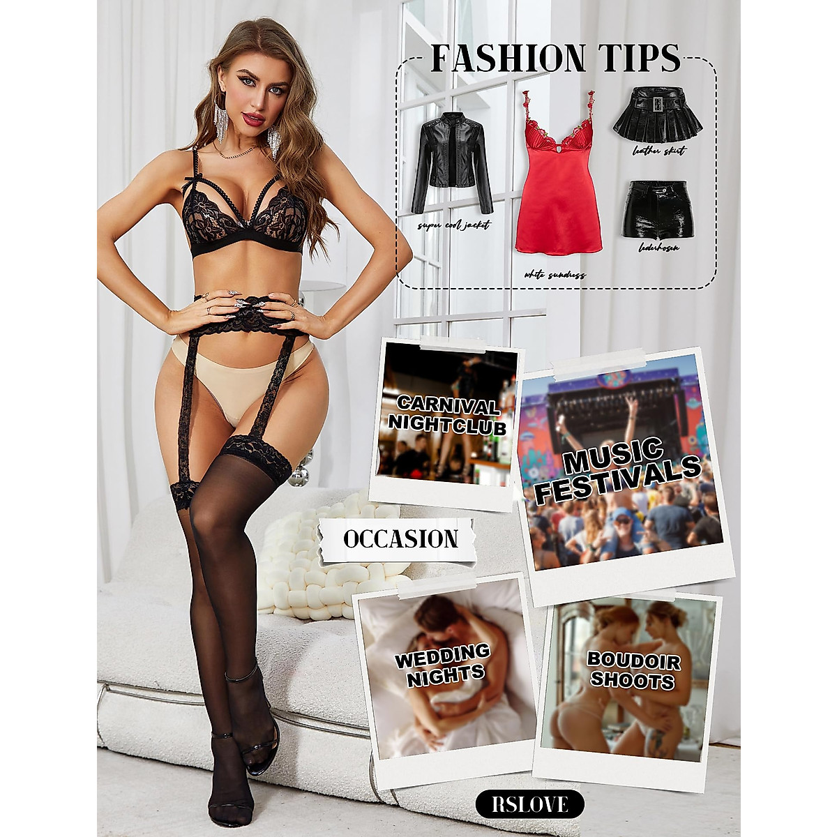 RSLOVE Stockings for Women Sheer Thigh High Sexy Pantyhose Lace Suspender Tights Garter Antiskid Silicone Black