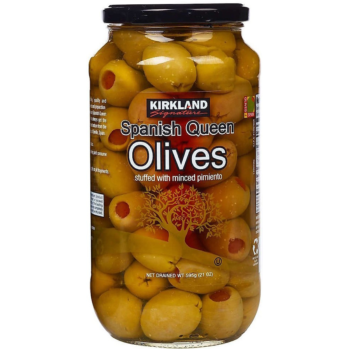 Kirkland Signature Spanish Queen Olives Stuffed With Minced Pimiento, 21oz Glass Jar (Pack of 3, Total of 63 Oz)