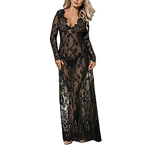 Funic Women Lingerie Sexy Negligee Nightie Lingerie Lace Beautiful Black Long Skirt(Black,Asian XXL = US XL)