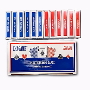IMAGAME Plastic Playing Cards, Poker Size, Casino Quality, Jumbo Index, Waterproof & Washable, Perfect for Texas Hold’em Poker, 6 Blue Deck & 6 Red Deck