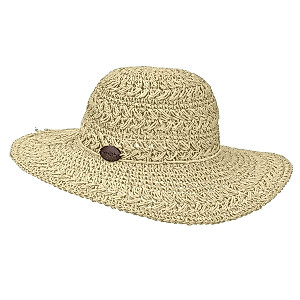 Panama Jack Women's Crocheted Toyo Sun Hat with Sizing Tie, 4" Big Brim (Natural)