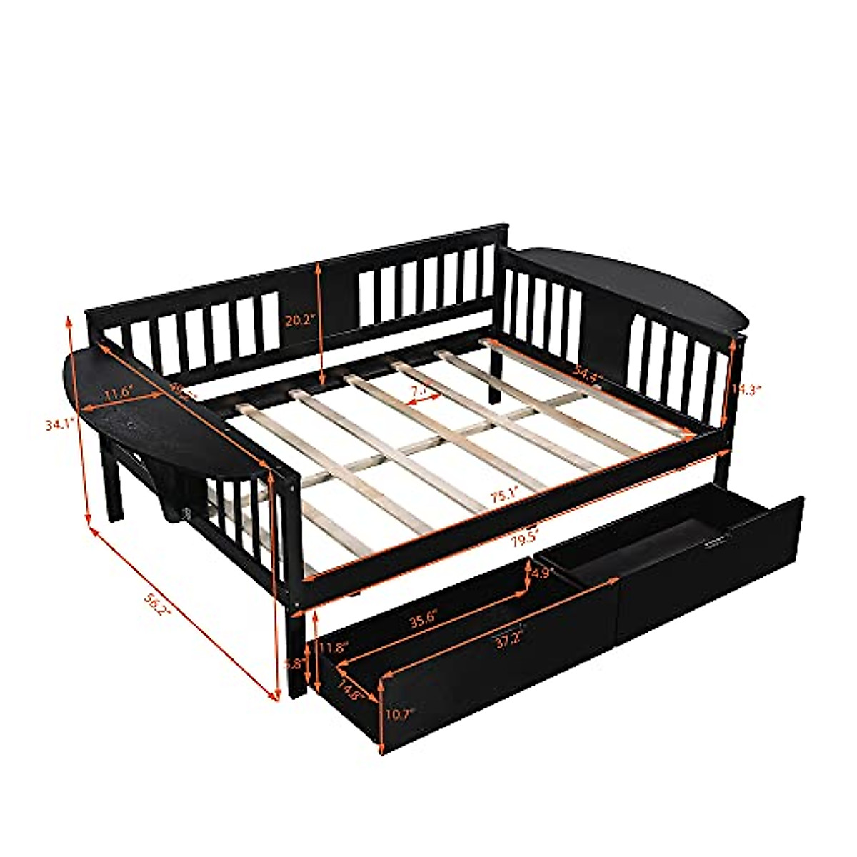 ODC Full Daybed with 2 Storage Drawers, Solid Wood Daybed Frame with Foldable Tables, Multi-Functional Sofa Bed, Daybed for Kids/Guest Bedroom, No Box Spring Required