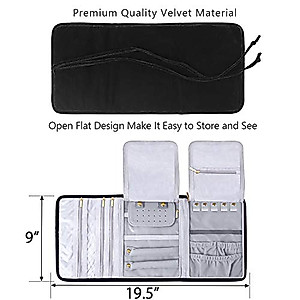 Teamoy Velvet Travel Jewelry Roll, Jewelry Storage Bag Organizer for Necklaces, Earrings, Bracelets, Rings, Brooches and More, Compact and Easy to Carry (Large, Velvet- Black)