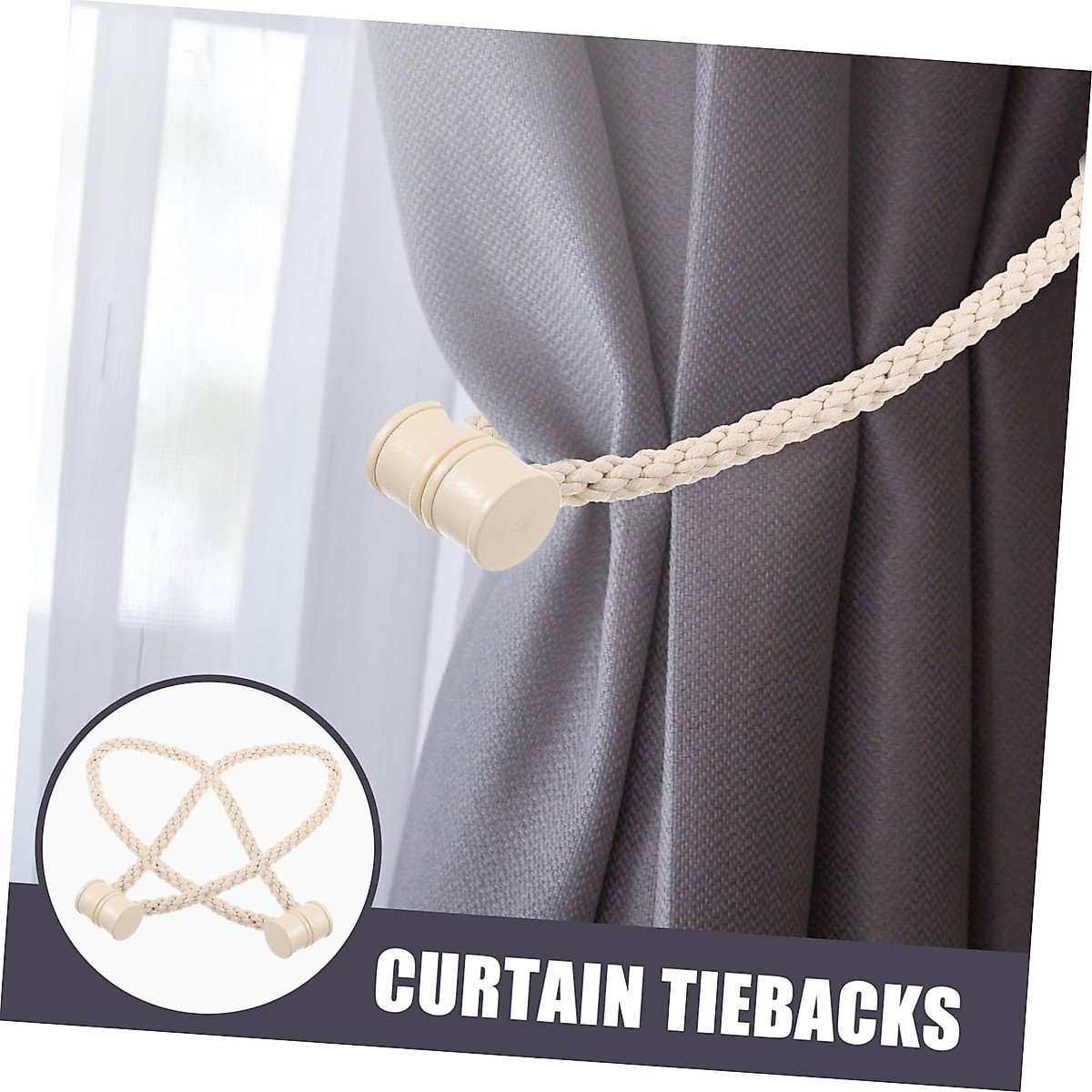 Mobestech Decorative Curtain Tiebacks 2 Pack Magnetic No Hole Needed Weave Rope for Home Office Hotel Simple Sturdy Design