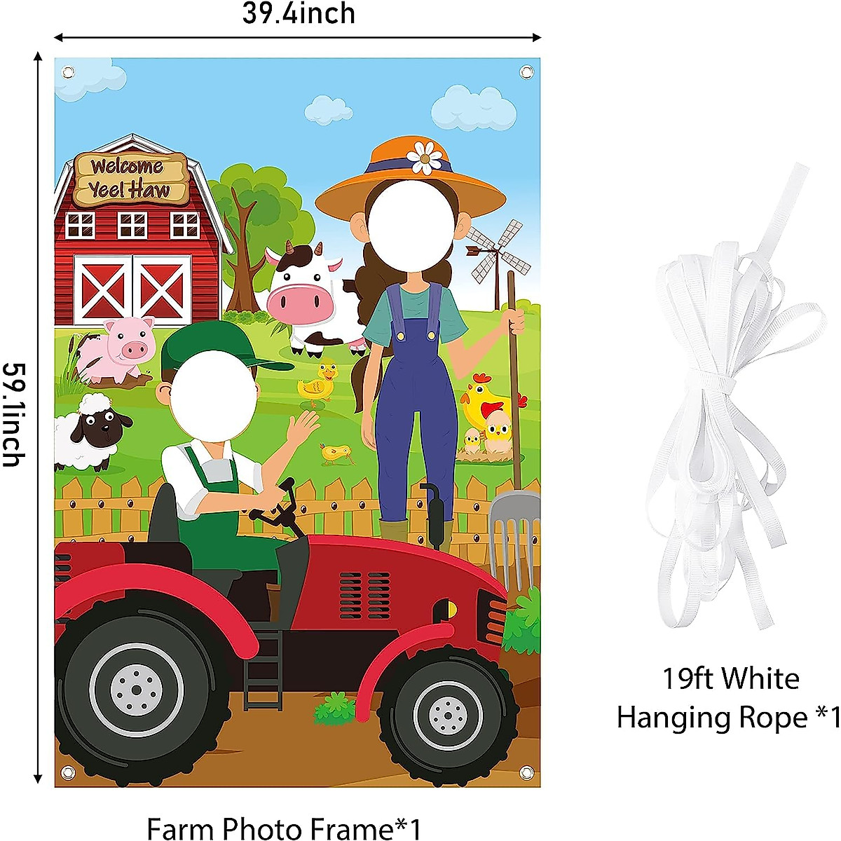 Haooryx Farm Animals Photo Door Banner Large Satin Fabric Photo Booth Props Backdrop Face in Hole Background Banner Decor Barnyard Animals Theme Birthday Party Decorations Supplies Party Game for Kids