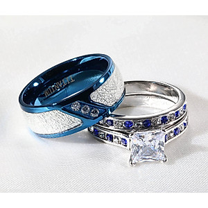 ringheart 2 His and Hers Ring Couple Rings White Gold Plated Princess Cut Cz Womens Wedding Ring Sets Red Titanium Steel Mens Wedding Bands