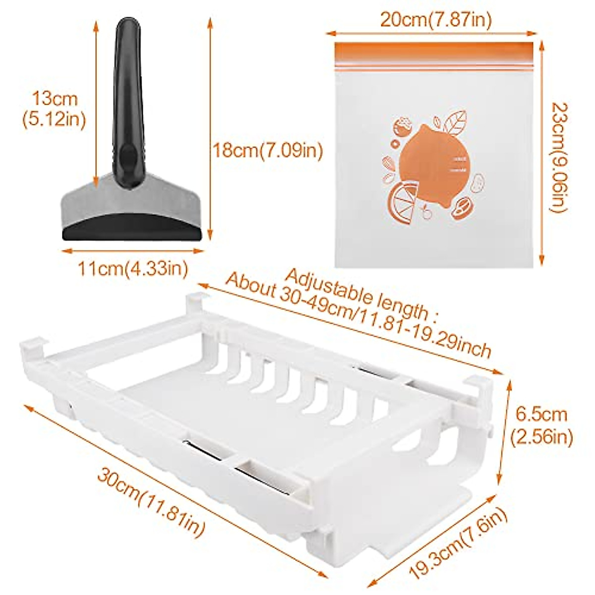 Refrigerator Organizer Bins, Refrigerator Freezer Bag Storage Rail Rack with 20 Pack Reusable Sealed Bags and Deicing Shovel, Fridge Drawer Storage Organizer for Fruits Vegetable Food Fresh-keeping