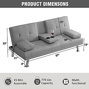 Ucloveria Futon, Multifunctional Foldable Recliner Sleeper Sofa w/ 2 Cup Holders, Loveseat Daybed Guest Bed for Compact Living Spaces, Apartments, Dorms, w/Removable Armrests, Gray(Faux Leather)
