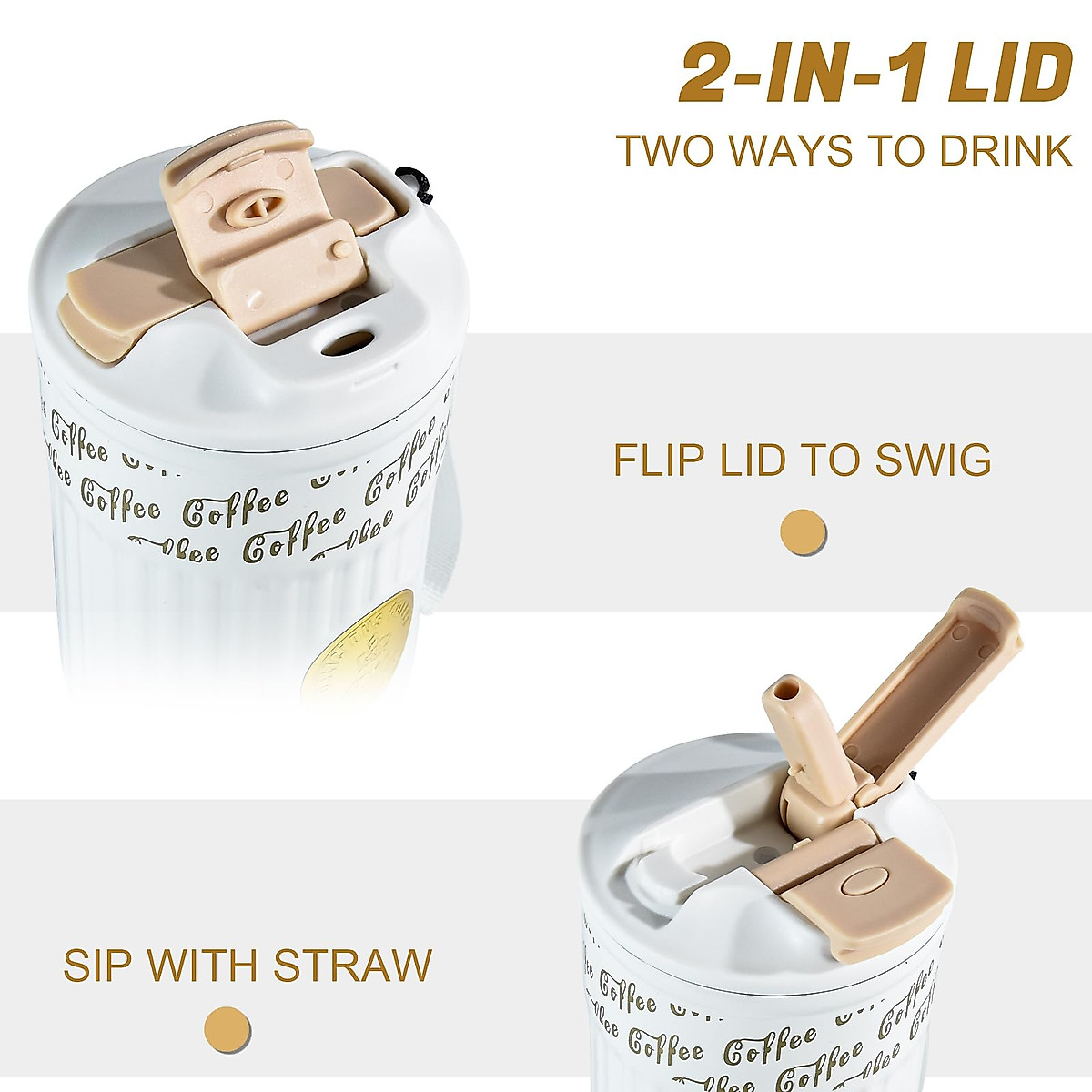 14oz Insulated Travel Tumblers with Lid and Straw, Travel Coffee Mug Stainless Steel Vacuum Thermos Cup, Leak Proof Reusable Cute Coffee Tumbler for Iced and Hot Drinks,White