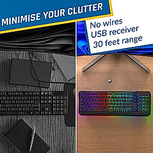 Klim Chroma Wireless Gaming Keyboard RGB - Long-Lasting Rechargeable Battery - Quick and Quiet Typing - Water Resistant Backlit Wireless Keyboard for PC PS5 PS4 Xbox One Mac - Black (Renewed)