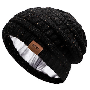 Winter Knitted Satin Lined Hats for Women Slouchy Cable Beanie Silky Soft Washed Warm Hat Black