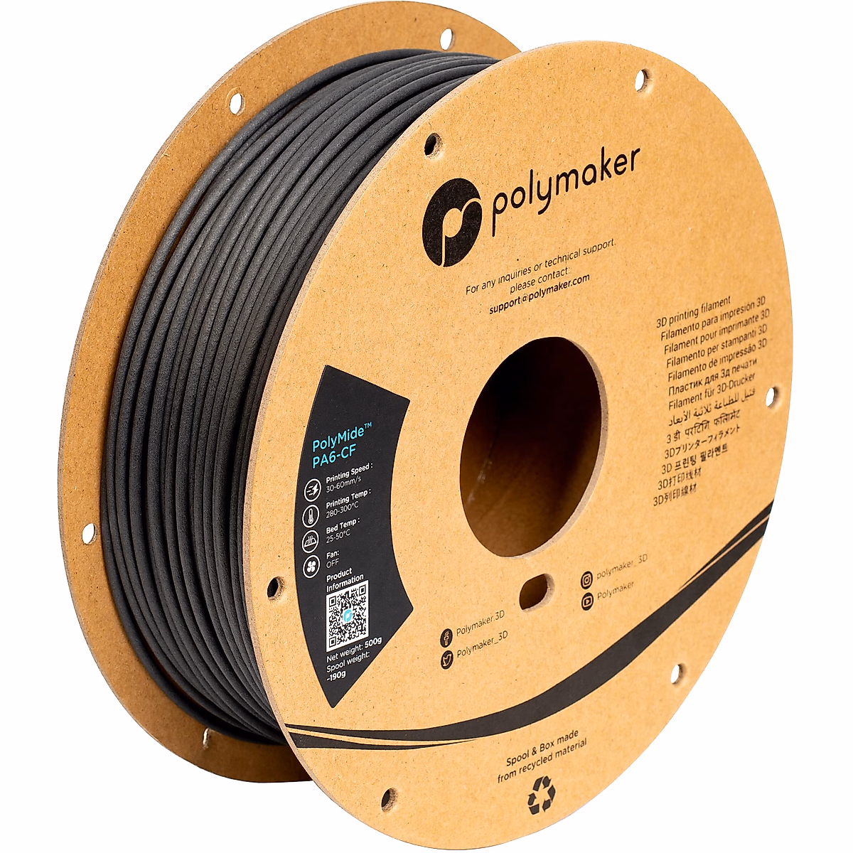 2.85mm(3mm) PA6-CF Nylon Filament 2.85 Black, 500g Carbon Fiber Nylon Filament 2.85mm, Polymaker PolyMide PA6-CF Warp Free Nylon, Print with 2.85mm Openning 3D Printers Only