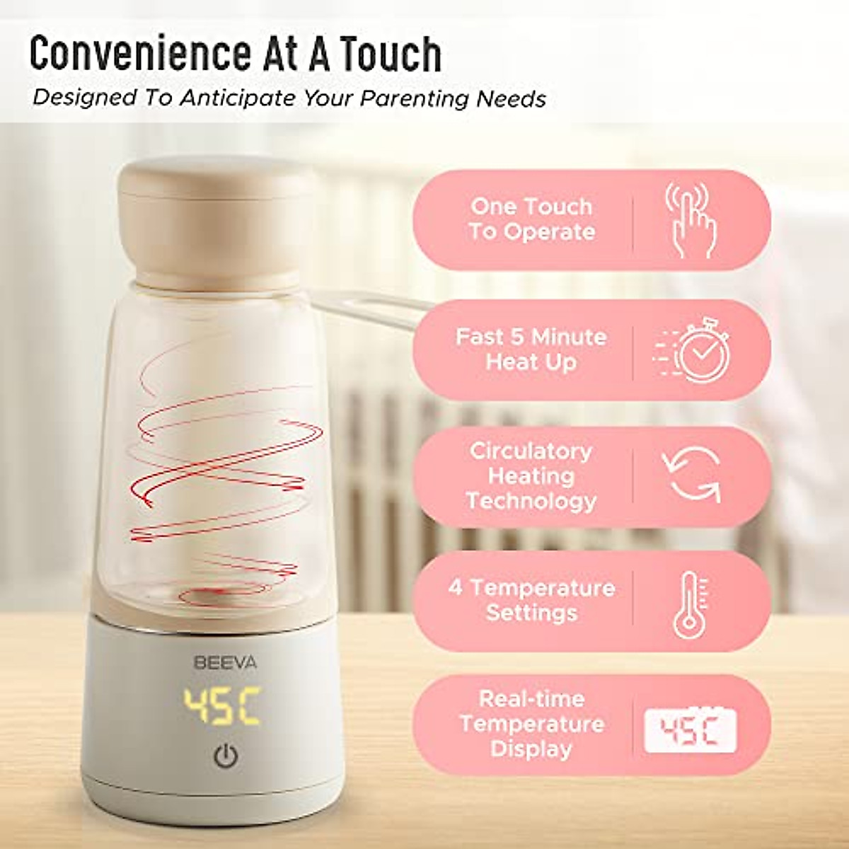 2-in-1 BEEVA Portable Baby Bottle Warmer for Breastmilk/Baby Formula, Ideal for Travel, with USB Charger, 4 Temperature Settings & Digital Display, Accurate Heating,with Travel Bag