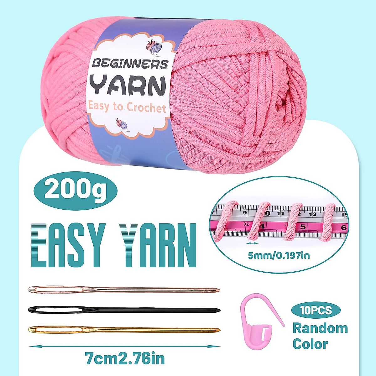 200g/7Oz Yarn for Crocheting, Crochets Yarn, Easy Yarns for Beginners with Easy-to-See Stitches, Stitch Marker, Big Eye Blunt Needle, Beginner Yarns for Crocheting (Pink)
