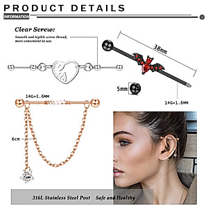 Sanfenly Industrial Piercing Jewelry 14G Stainless Steel Industrial Barbell Earrings with Chain Dangle Industrial Bar Piercing Cartilage Helix Industrial Earrings for Women Men