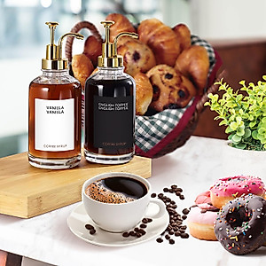 Set of 2 Coffee Syrup Dispensers for Coffee Bar - 16.9oz Glass Bottles with Gold Pumps and Labels, BPA Free & Durable, Ideal for Cinnamon, Vanilla, Caramel, and More Coffee Accessories