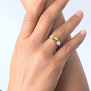 Gem Stone King 925 Sterling Silver Yellow Citrine 3 Stone Engagement Ring For Women | 4.50 Cttw | Gemstone November Birthstone | Cushion 8MM | Available in Size 5,6,7,8,9