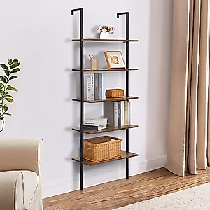 MoNiBloom 5-Tier Bookshelf Wall Mounted, 72 Inches Ladder Shelf with Metal Frame for Living Room Decor and Storage, Rustic Brown