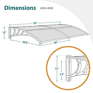MCombo 39 x 78 inch Window Awning Outdoor Polycarbonate Front Door Patio Cover Garden Canopy 6055-4080 (40"×80") (Solid White Bracket/Clear Board)
