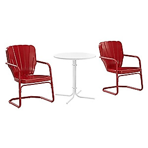 Crosley Furniture Ridgeland 3-Piece Outdoor Bistro Set, Retro Metal Patio Table and Chairs for Dining, Porch, Bright Red Gloss