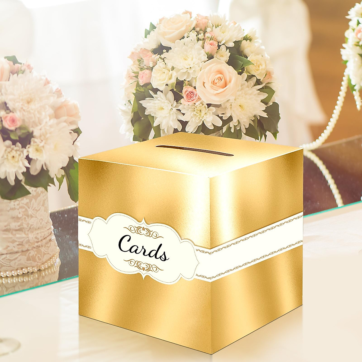 JC HUMMINGBIRD Cards Ribbon Sign Gold Shiny Metallic 10” In. x 10” In. Foldable Box with Slit, Weddings, Birthday, Donations, Gift Cards, Celebratory Cards, Devotionals
