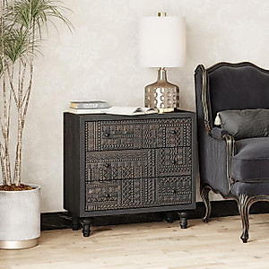 COZAYH 3 Drawer Farmhouse Dresser with Geometric Carved Pattern, Vintage Accent Wood Storage Chest Nightstand for Living Room, Bedroom, Boho, Mid-Century Modern, Black, Fully Assembled