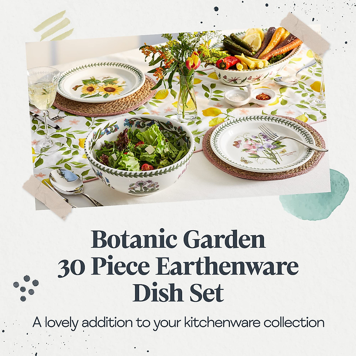 Portmeirion Botanic Garden 30 Piece Earthenware Dish Set | Dinnerware Set for 6 | Earthenware Dish Set | Includes Dinner Plates, Side Plates, Mugs, Soup Bowls, & Pasta Bowls
