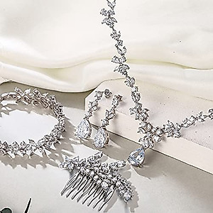 Crysdue Wedding Jewelry Set for Women, Floral Necklace Dangle Earrings Bracelet Hair Comb Set, Cubic Zirconia Elegance Wedding Party Jewelry for Bridal Bridesmaid