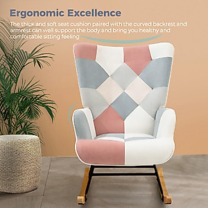 Tatub Rocking Chair Nursery, Upholstered Rocking Chair Indoor with High Backrest and Wooden Base, Modern Glider Chair for Nursery, Living Room, Bedroom, Office （Patchwork Linen Pink）