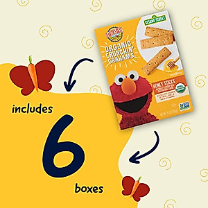 Earth's Best Organic Kids Snacks, Sesame Street Toddler Snacks, Organic Crunchin' Grahams for Toddlers 2 Years and Older, Honey Sticks with other Natural Flavors, 5.3 oz Box (Pack of 6)
