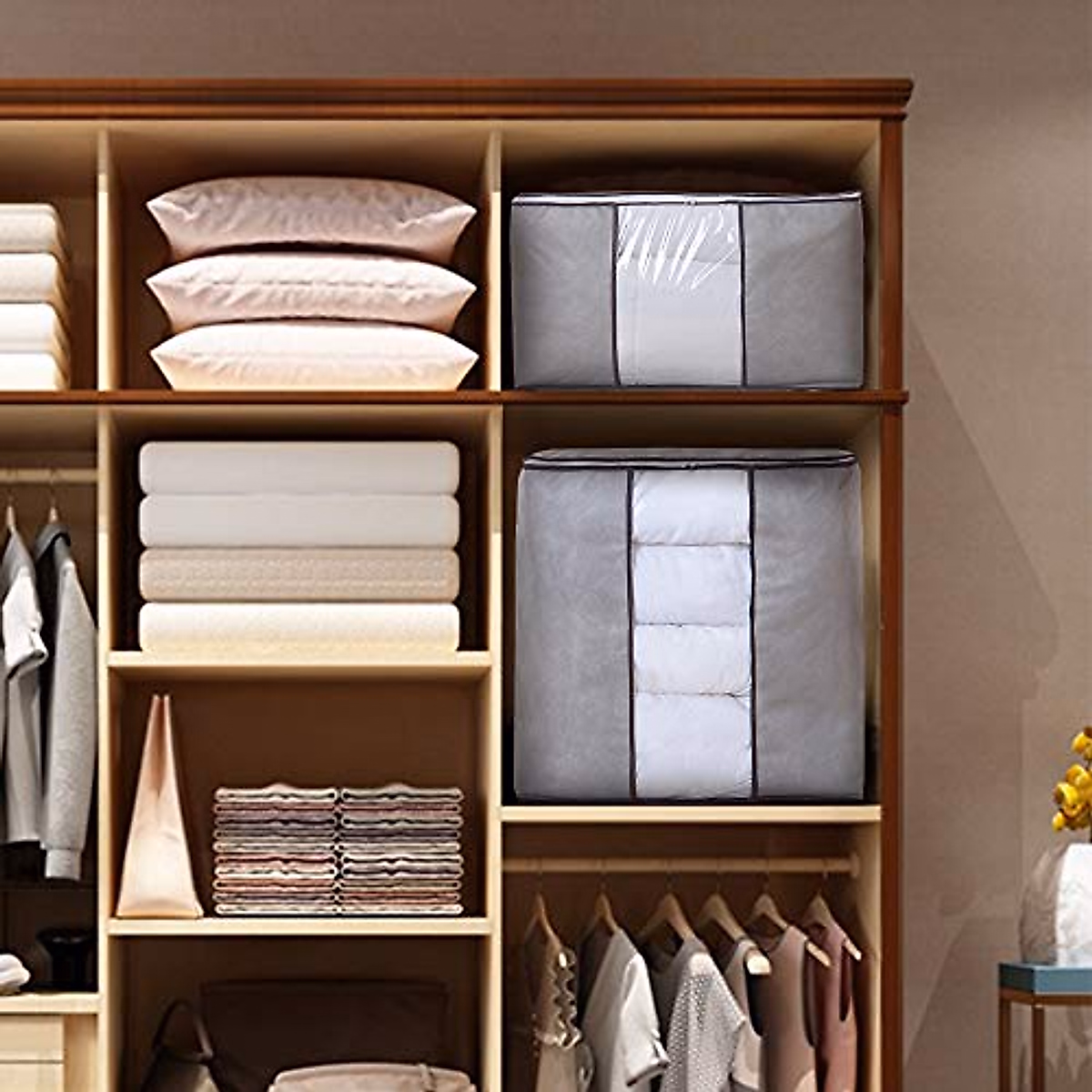 Daily Treasures Extra Large Blanket Bags, 4Pcs Fabric Clothes Storage Bags - with Clear Window & Reinforce Handles, Perfect for Blankets, Comfoters, Sweater Storage(Grey)