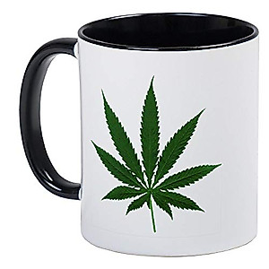Simple Marijuana Leaf Mug - Ceramic RINGER 11oz Coffee/Tea Cup Gift Stocking Stuffer