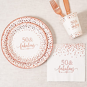 Crisky Rose Gold Foil 50 Fabulous Napkins Plates Cups Set for Women 50th Birthday Party Decorations Supplies, Disposable Tableware Set of 24 (9" Plates, 7" Plates, Luncheon Napkins, 9oz Cups)