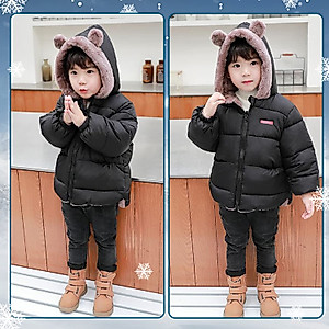 Baby Boys Girls Winter Coat Cute Bear Ear Hooded Jacket Warm Fleece Outerwear Windproof Zipper Infant Toddler Black 12-18M