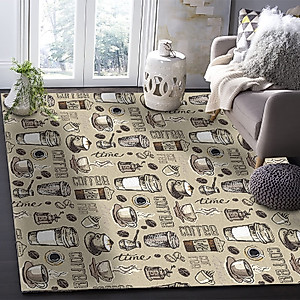 Area Rug for Bedroom Living Room Decor,Retro Sketch Coffee Set Bean with Quote Ultra Soft Non-Slip Accent Rugs Indoor Large Floor Carpet Aromatic Drink on Khaki Non-Shedding Nursery Floor Mat,48x72in