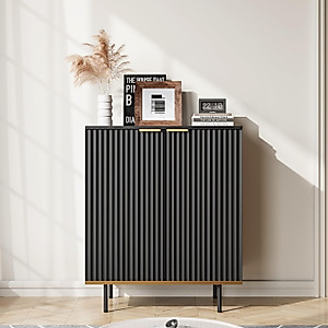 Fluted Buffets & Sideboards, Sideboard Cabinet, Elegant 2 Door Design Black Sideboard - Acceent Cabinet Ideal for Dining Room and Kitchen Storage 31.4 inch