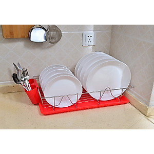 Kitchen Details 3 Piece Countertop Chrome Dish Drying Rack with Cutlery Basket and Drainboard Tray, Red
