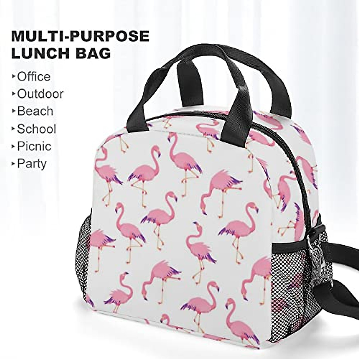 Funny Pink Flamingos Printed Lunch Box Tote Bag with Handles and Shoulder Strap for Men Women Work Picnic