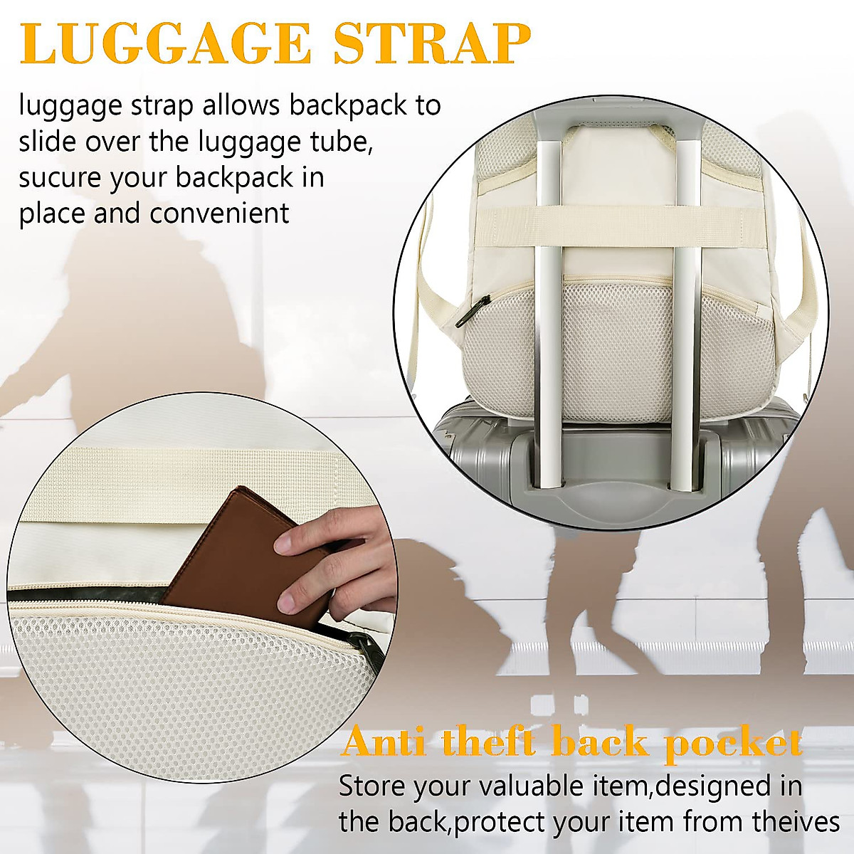 MATEIN Beige Laptop Backpack 15.6 Inch, Lightweight Sturdy Bag for College Supplies with USB Charging Port, Water Resistant Anti Theft Travel Computer Daypack Fashion Work Nurse Bag Gift for Women