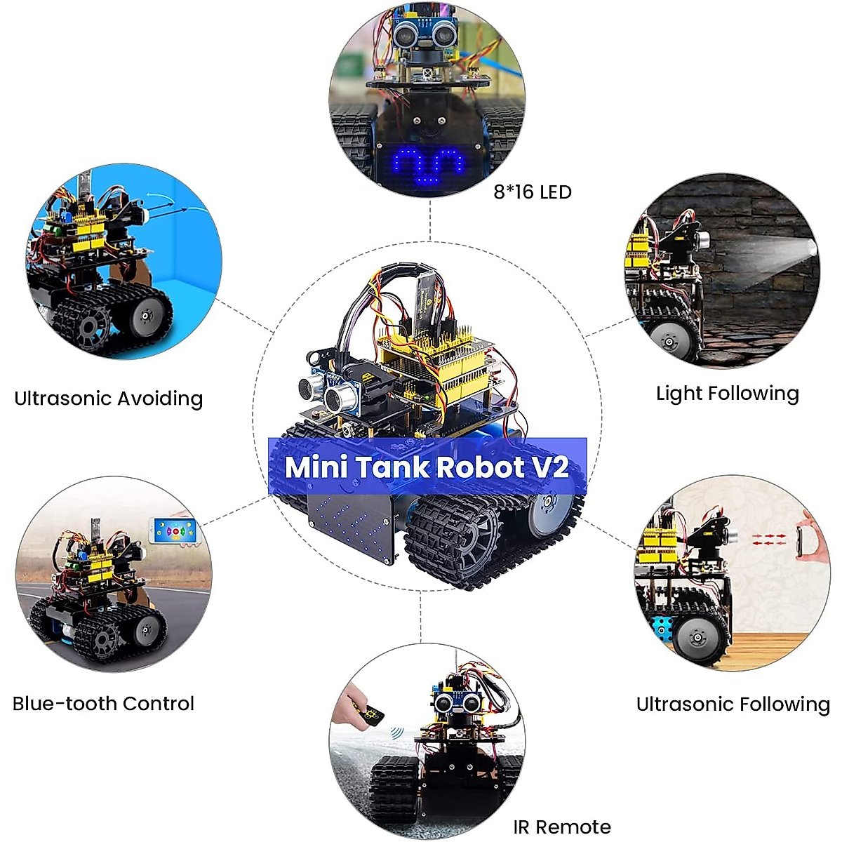 KEYESTUDIO Mini Tank Robot V2 Smart Car Kit for Arduino, IR Infrared and App Remote Control (iOS and Android), Light and Ultrasonic Follow, 8X16 LED Panel, Ultrasonic Obstacle Avoidance