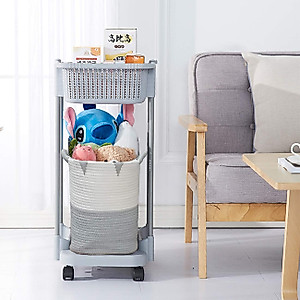 VIEIRO Cotton Rope Storage Baskets,2-Pack 12 inch x12 inch x14 inch Round storage Woven Basket,Cube Storage Bin,Collapsible Laundry Basket In Bedroom,Laundry Room,Nursery and Living Room For kids and Pets Clothes,Toy,Towels,Blanket(White and Gray)